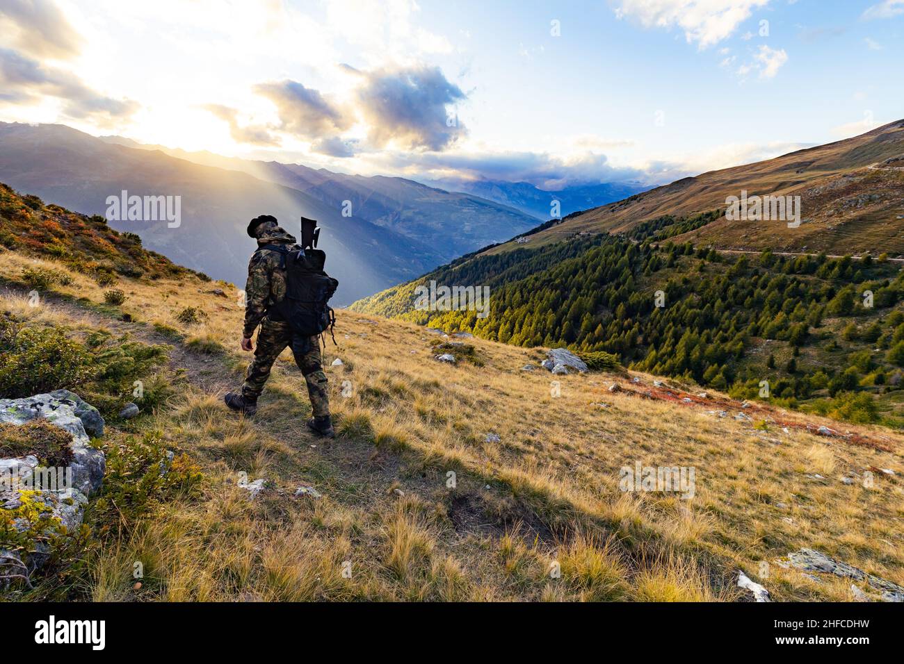 A hunter walking in the Swiss Alps, at sunset Stock Photo - Alamy