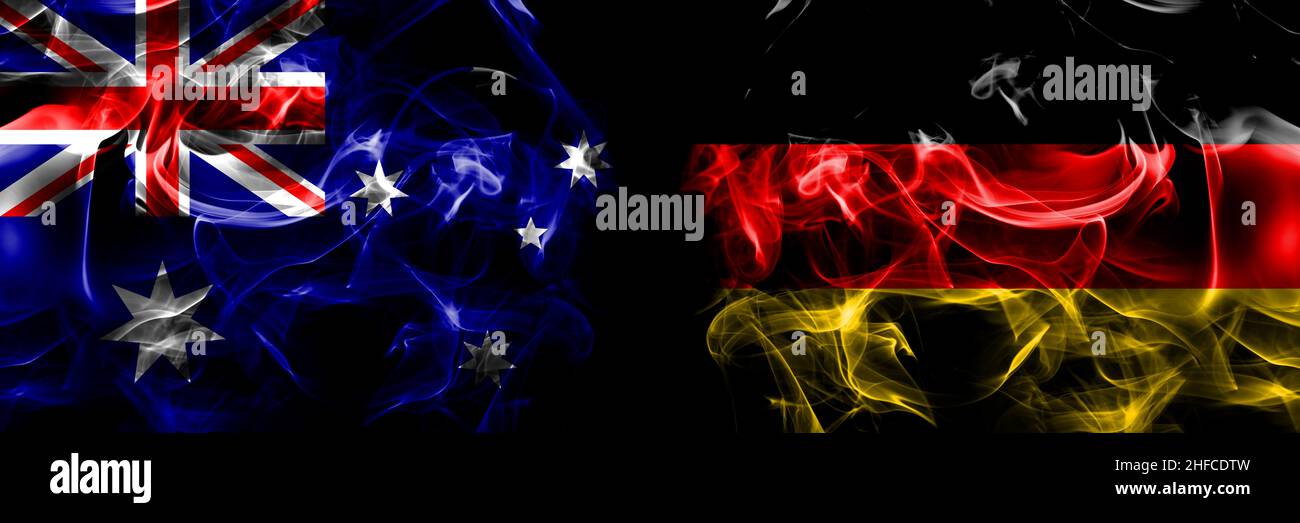 Flags of Australia, Australian vs Germany, German, Deutschland. Smoke ...