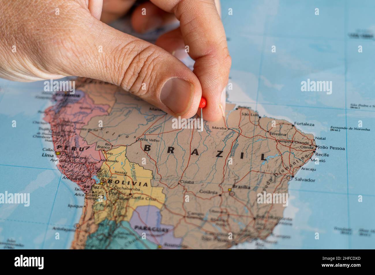 Brazil pin on a world map. Brazil travel destination planning pinned ...