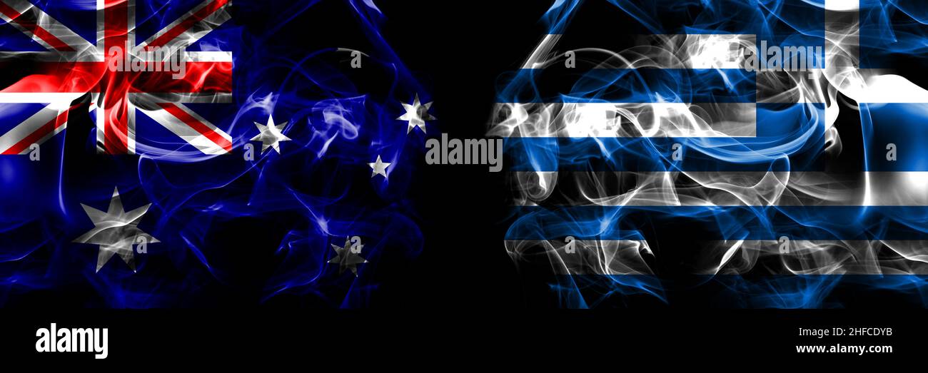 Flags of Australia, Australian vs Greece, Greek. Smoke flag placed side ...