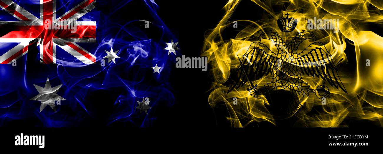 Flags of Australia, Australian vs Greece, Greek Orthodox Church. Smoke ...