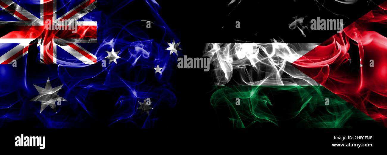 Flags of Australia, Australian vs Jordan, Jordanian. Smoke flag placed ...