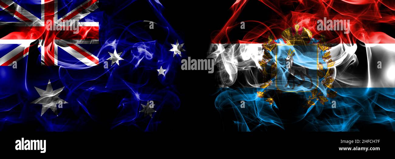 Flags of Australia, Australian vs Russia, Russian, Samara Oblast. Smoke ...