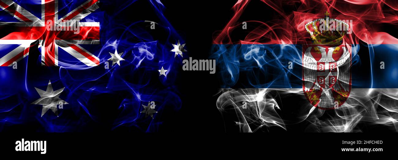 Flags of Australia, Australian vs Serbia, Serbian. Smoke flag placed ...