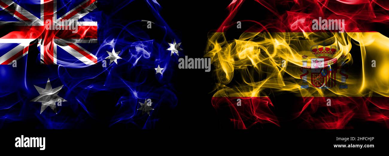 Flags of Australia, Australian vs Spain, Spanish. Smoke flag placed ...