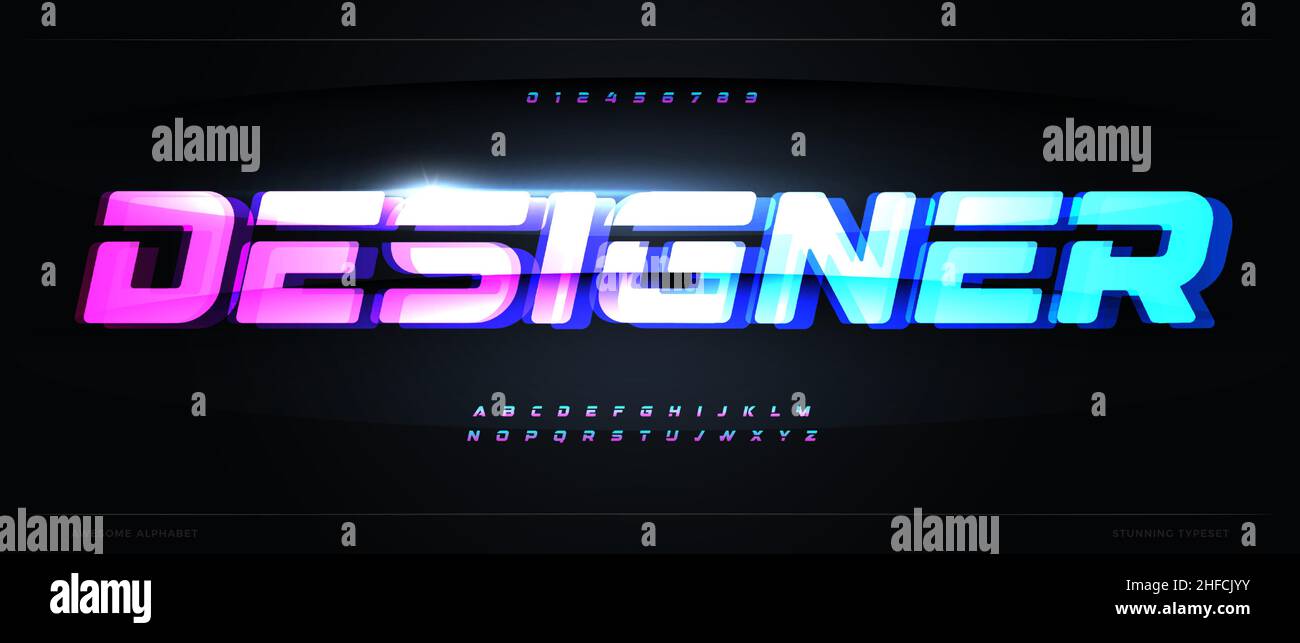 Electronic glow color letters with cyber distortion effect. Bright ...