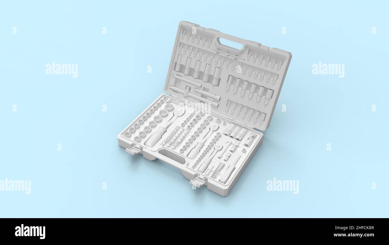 3D rendering of a multi purpose toolbox tools displayed open in empty ...