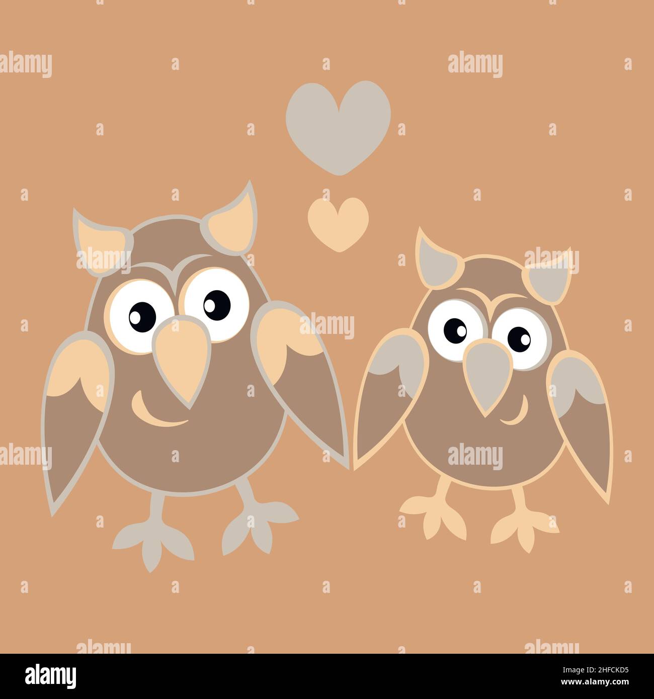 Illustration on a square background - two owls in love with hearts ...
