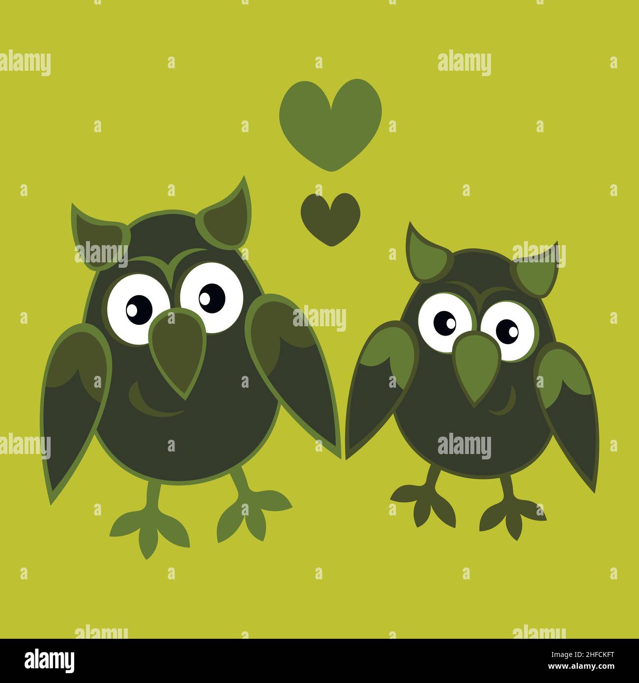 Illustration on a square background - two owls in love with hearts ...