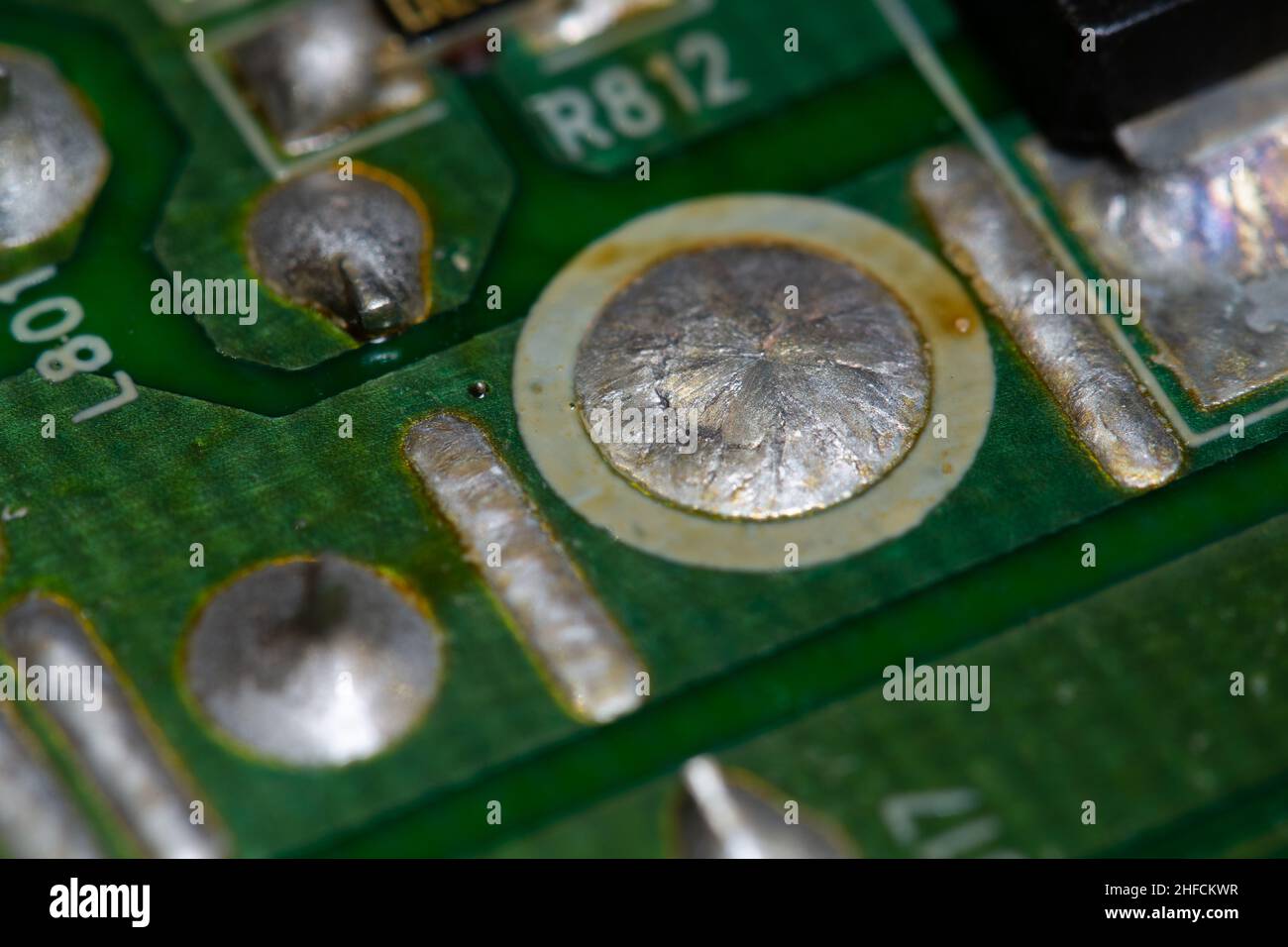 Crystallized metal solder on printed circuit board (PCB Stock Photo - Alamy