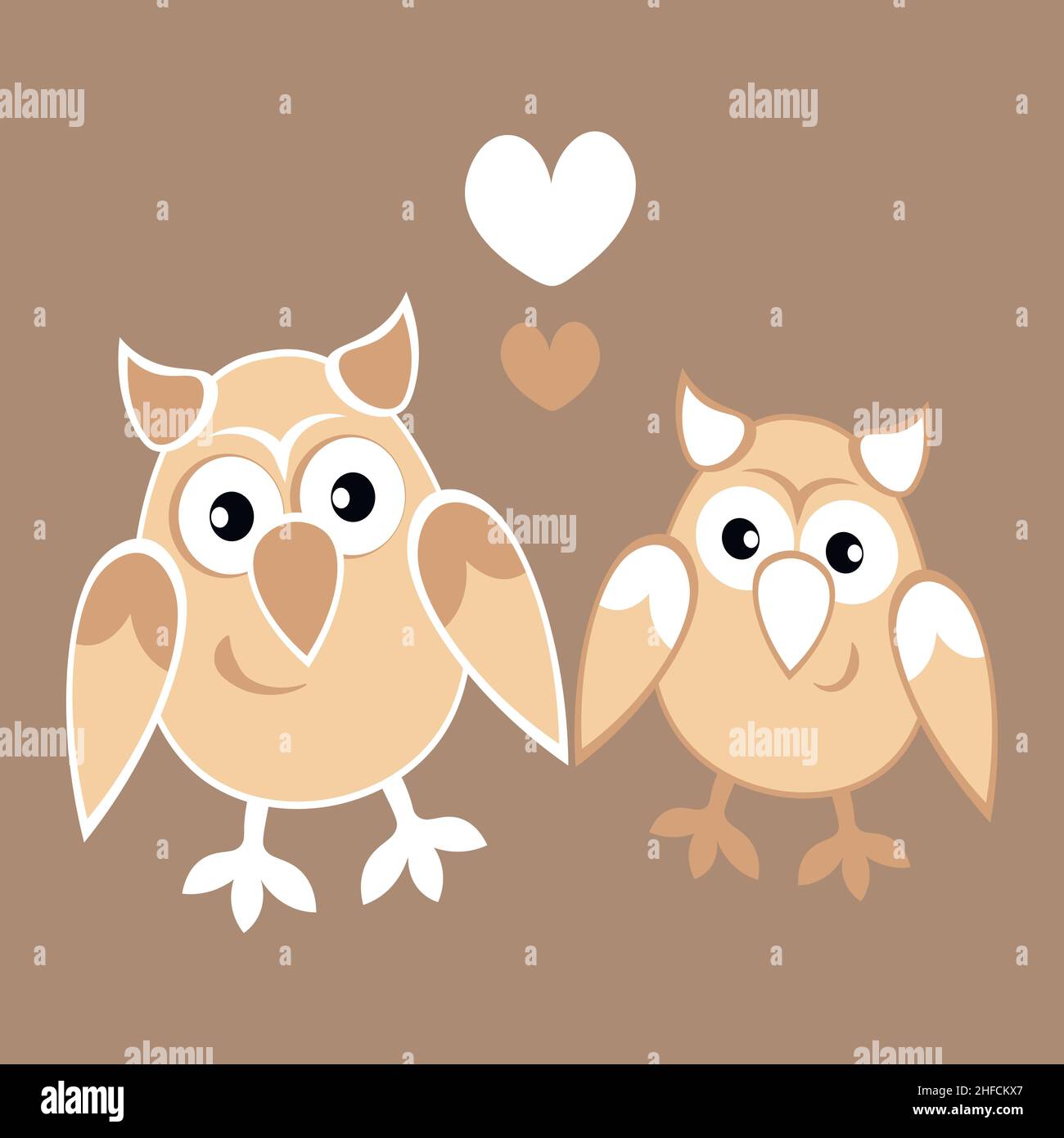 Illustration on a square background - two owls in love with hearts ...