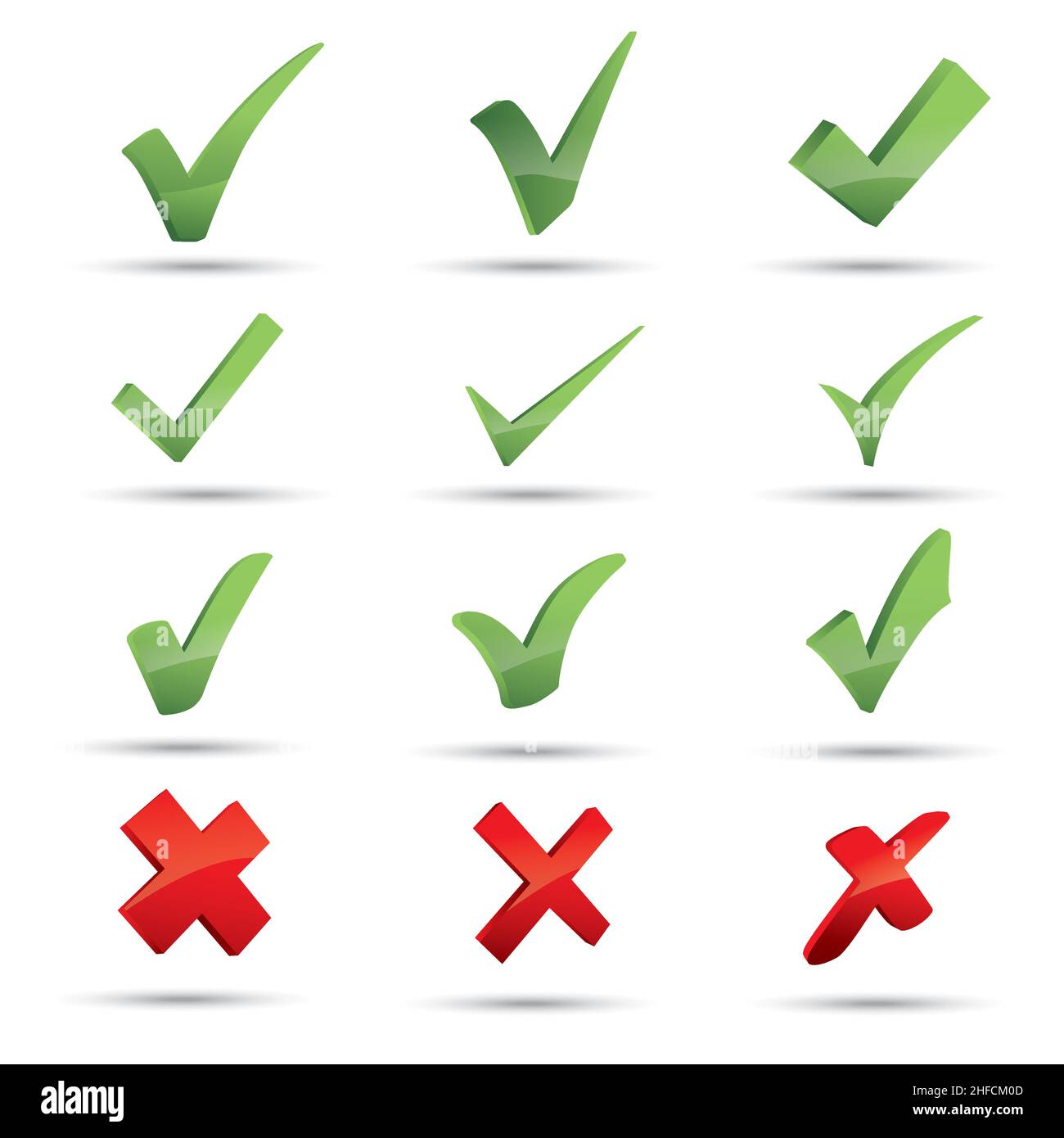 3D Set of check marks. Green tick, red cross. YES or NO accept and ...