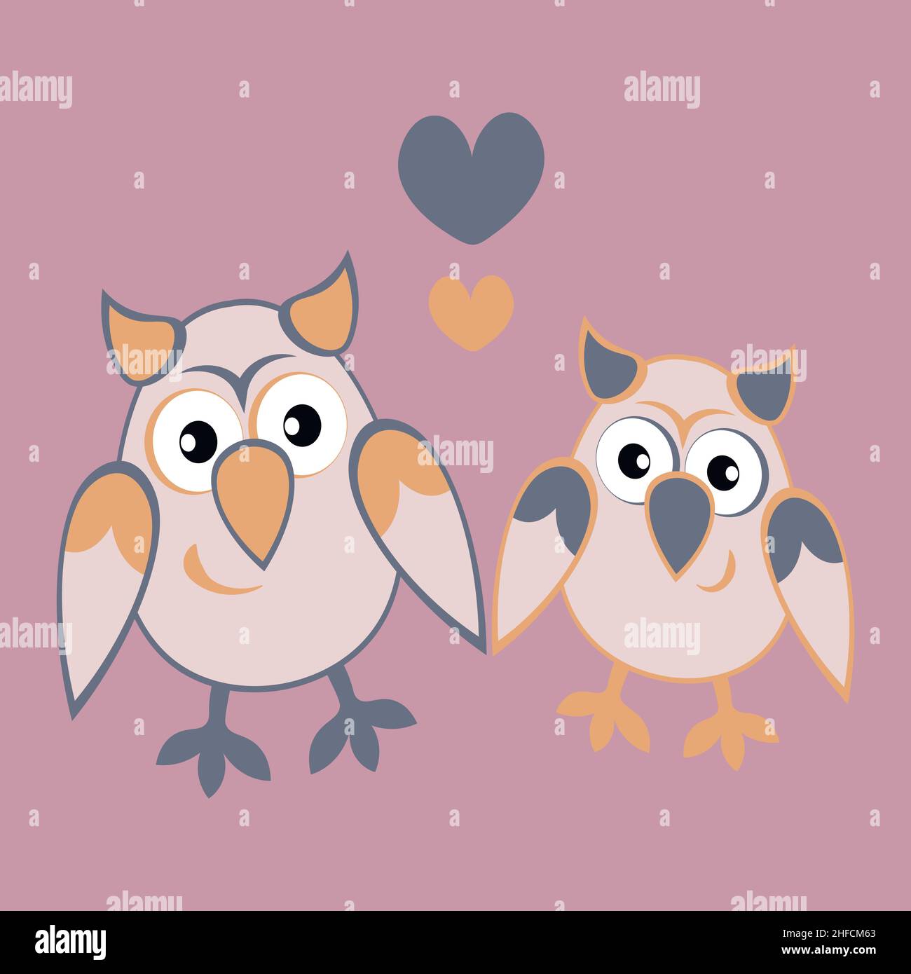 Illustration on a square background - two owls in love with hearts ...