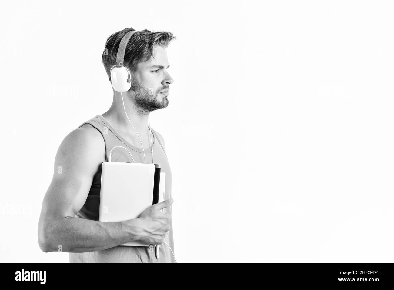 Portable gadget. Man use modern technologies gadget. Guy with ...