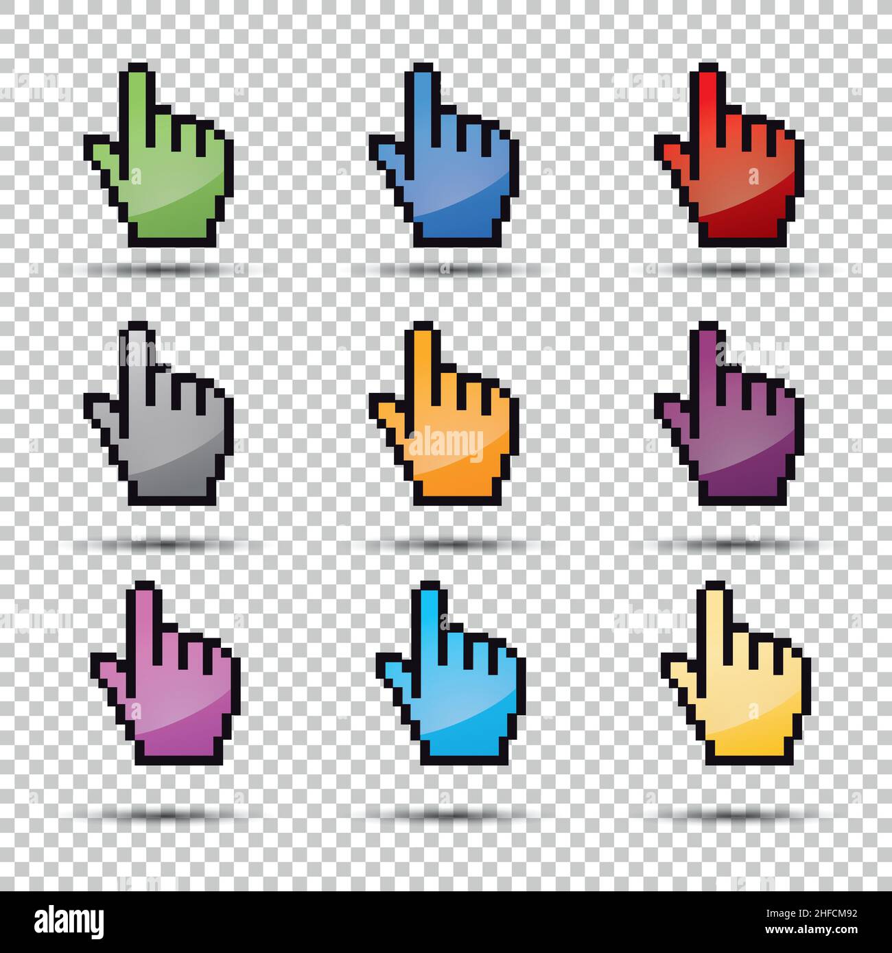 pixel hand vector icon set 3d, ok symbol in different colors on checked ...