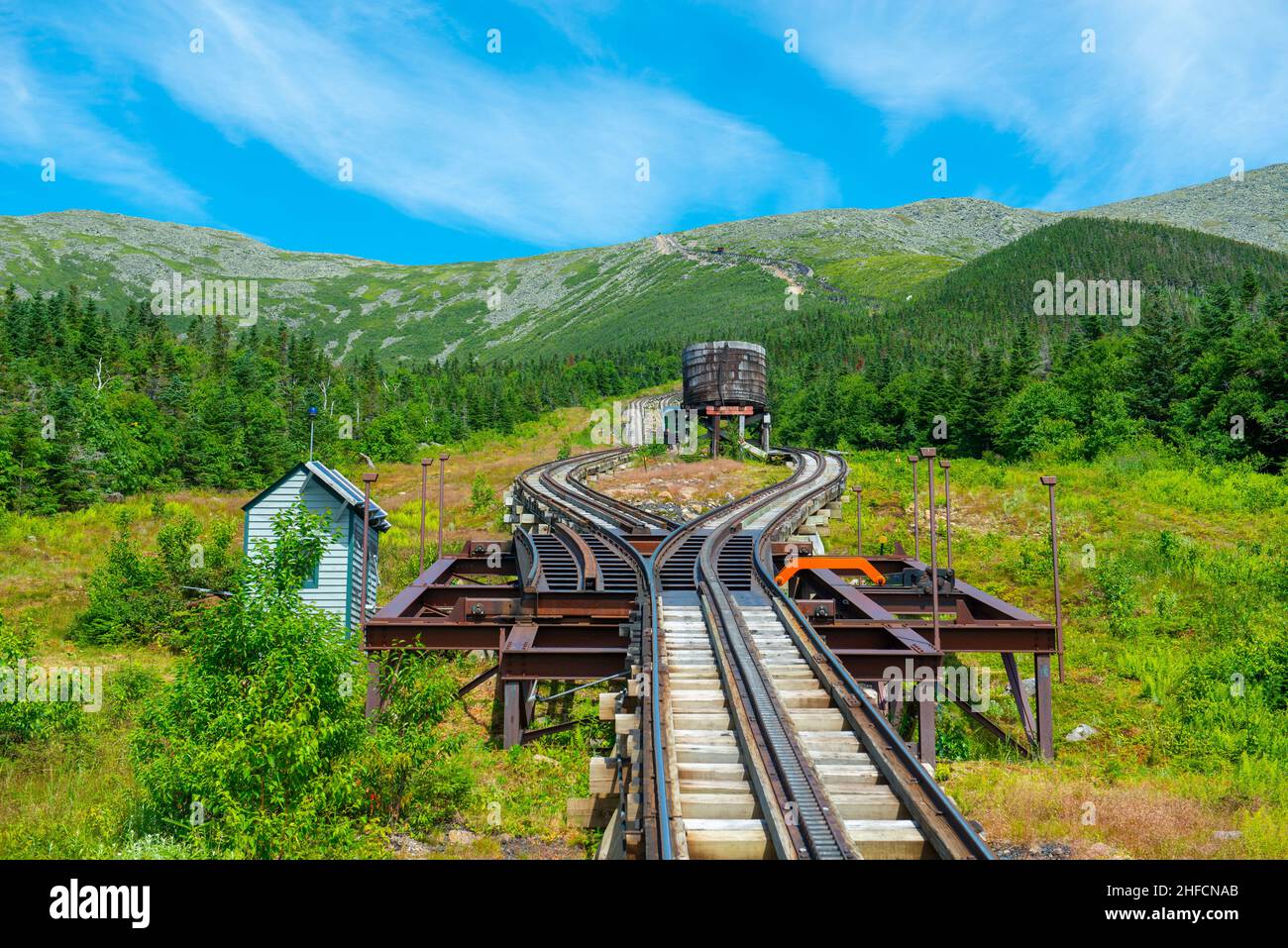 Mount Washington in summer with antique cog train track. Viewed from ...
