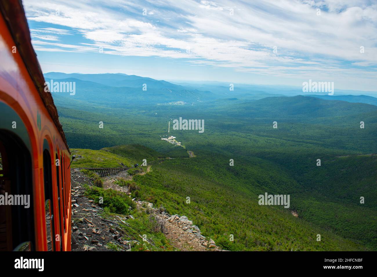 Mount Washington in summer with antique cog train track. Viewed from ...