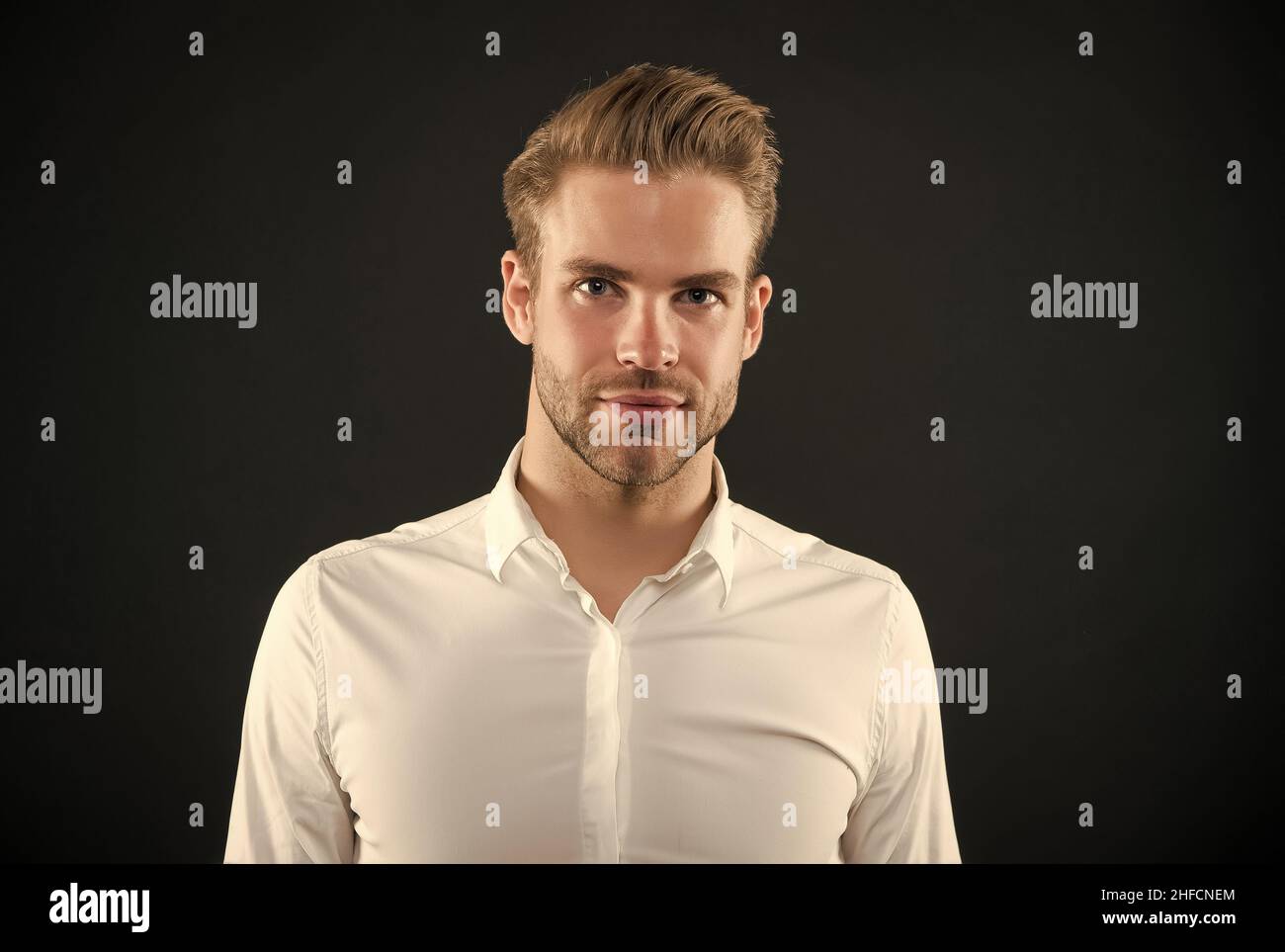 Managing is skill. Junior manager grey background. Office manager in ...