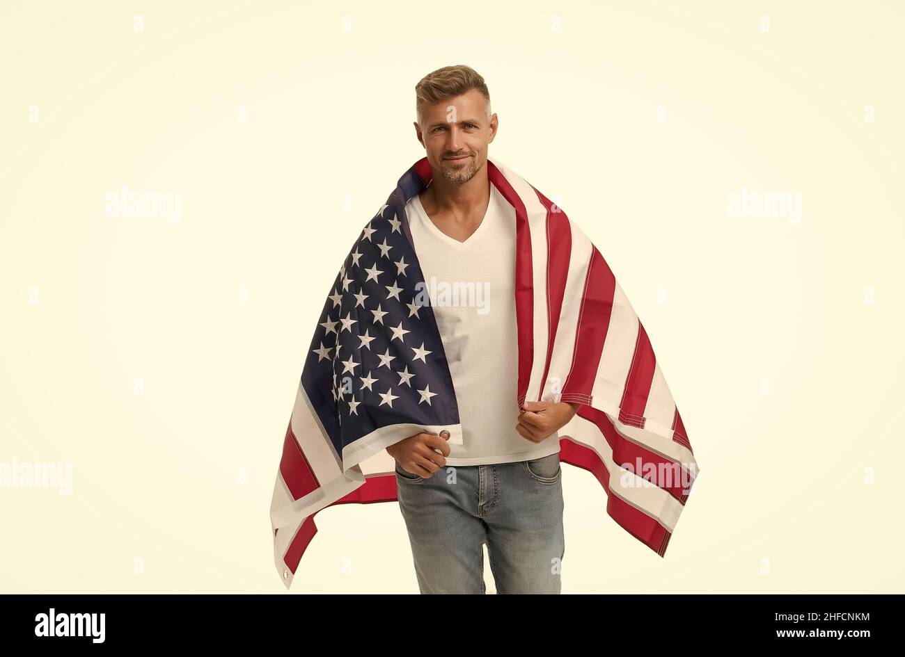 One flag one land. Happy man wear american flag. American patriot ...