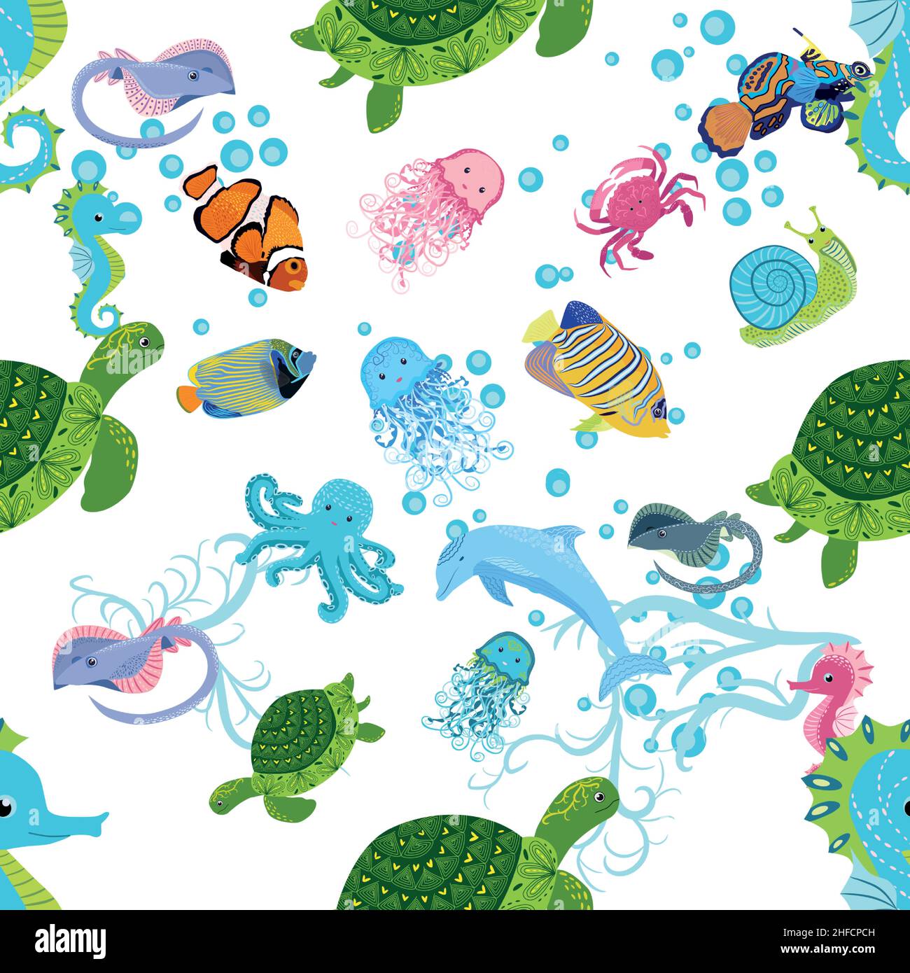 Marine life, fish, animals bright seamless pattern. sea travel ...