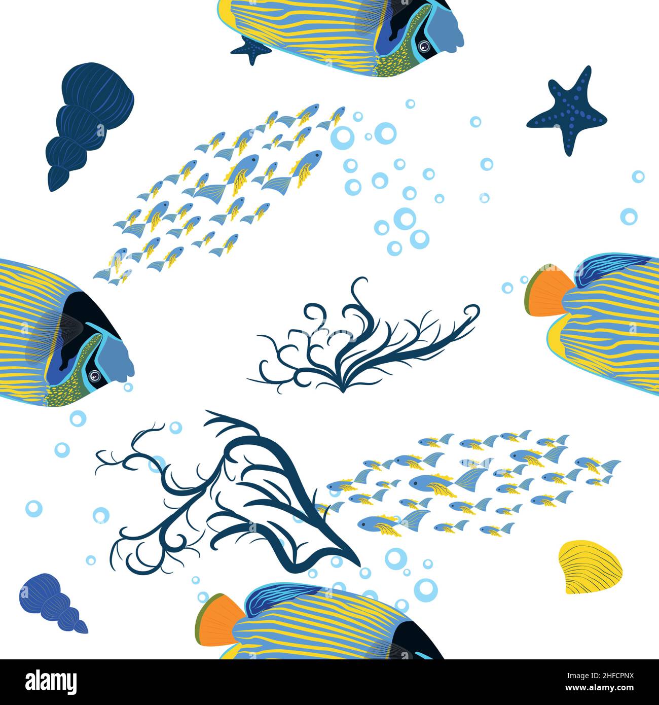 Emperor angelfish, Pomacanthus imperator seamless patterns, sea animal ...