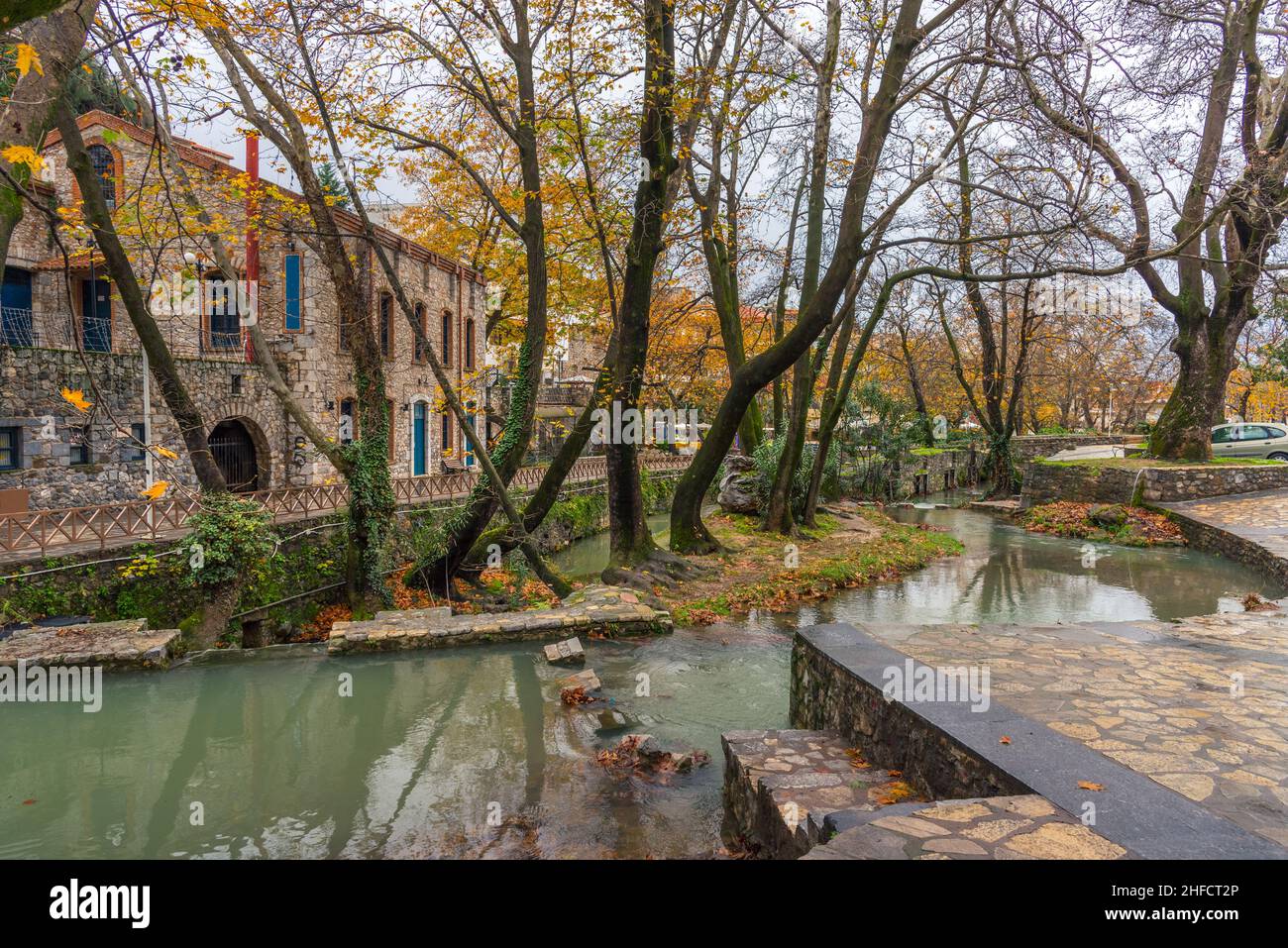 Bridge, waterfalls, river at the old town of Livadeia, in Boeotia ...