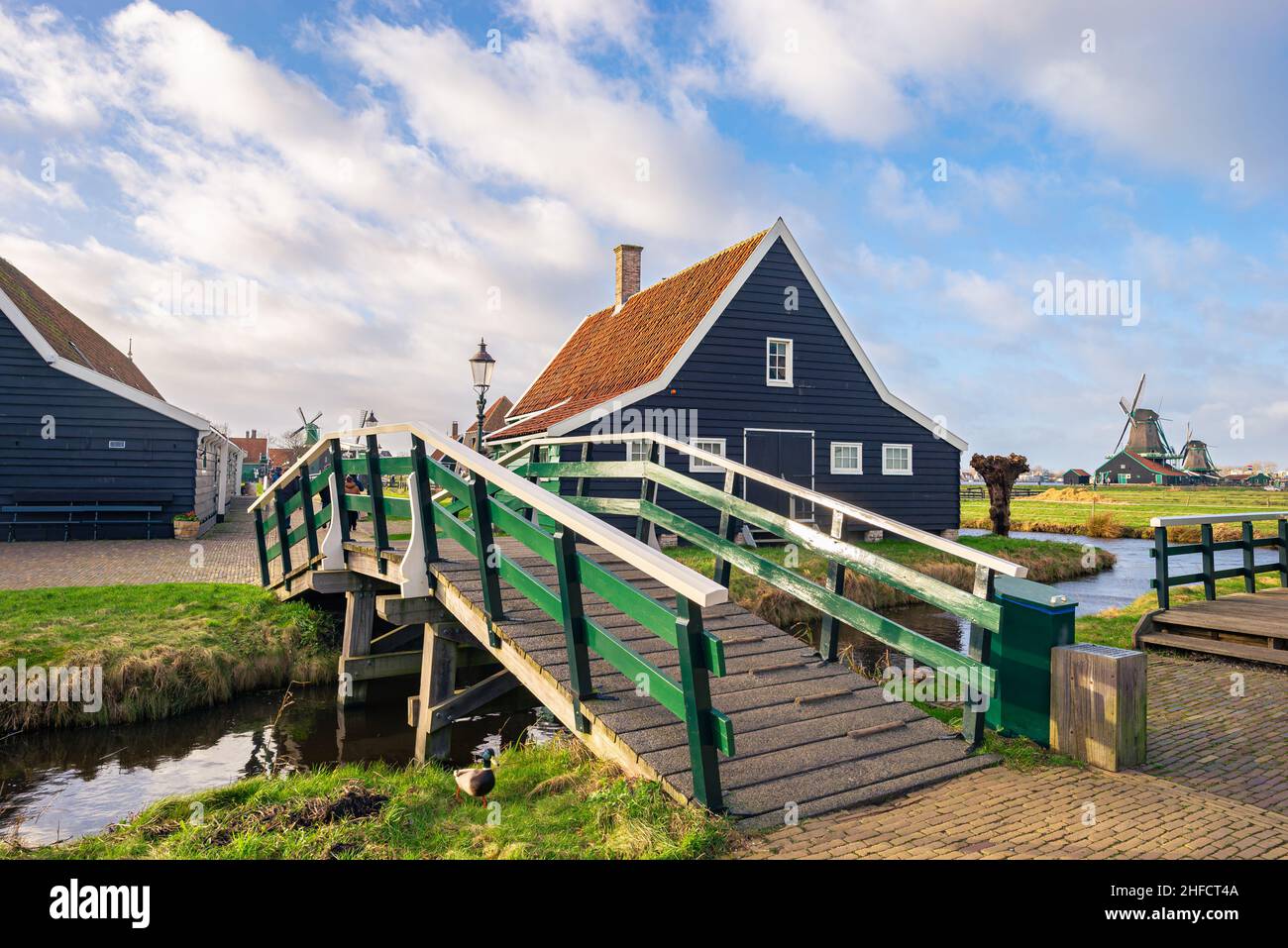 Scenic view of a wooden bridge and old Dutch wooden house in the famous ...