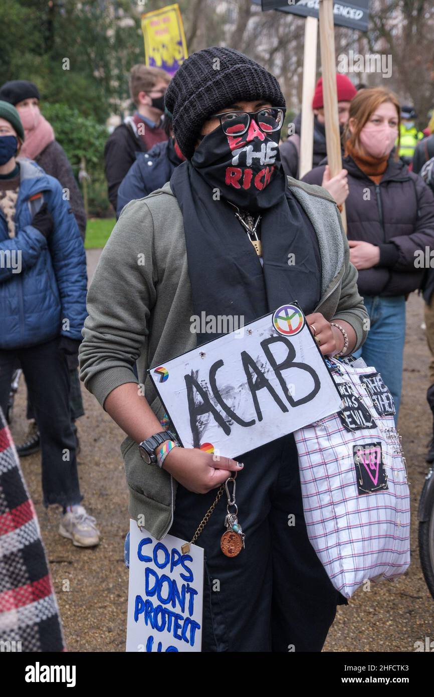 London, UK. 15th Jan 2022. ACAB - Eat the Rich. Protesters meet at ...