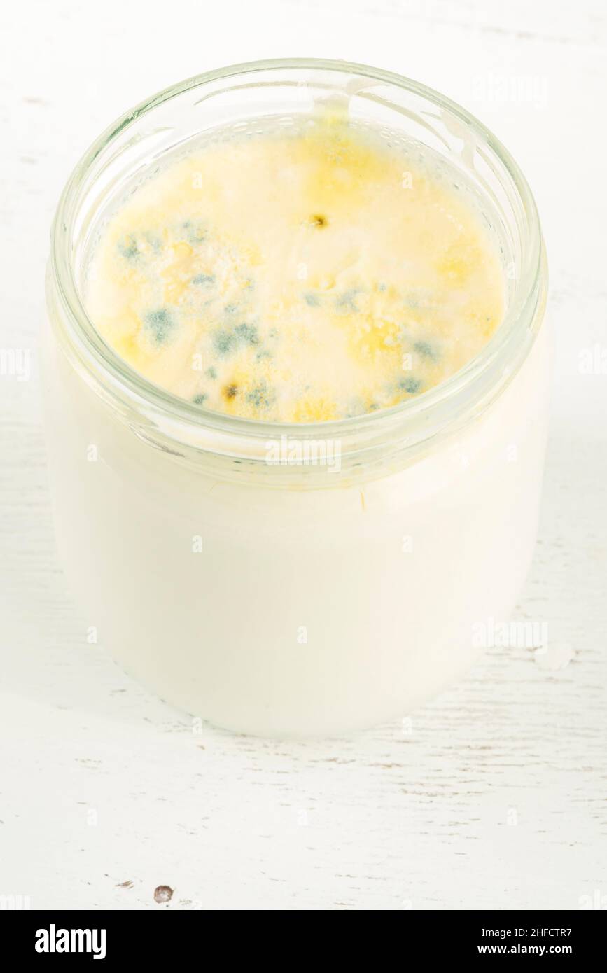moldy yogurt, top view of closeup rotten moldy yogurt or yoghurt in jar ...