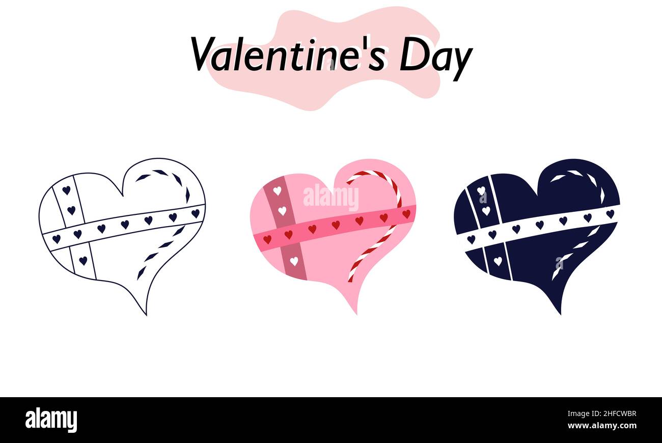 Valentine card in the shape of a pink heart. In color, solid and linear ...
