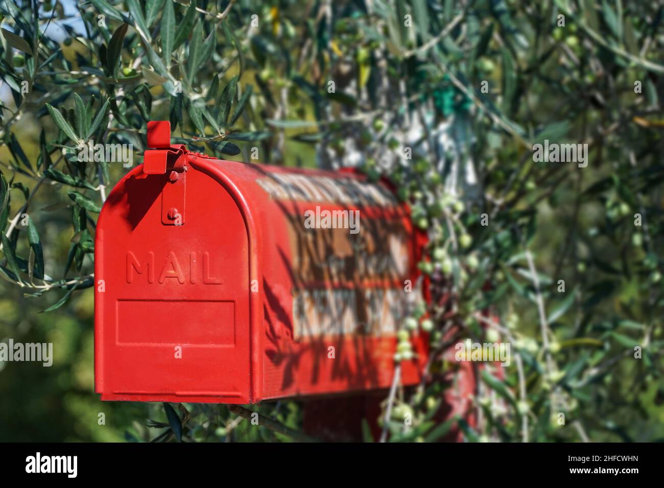mailbox, old vintage mail or letter box of a house or home at garden ...