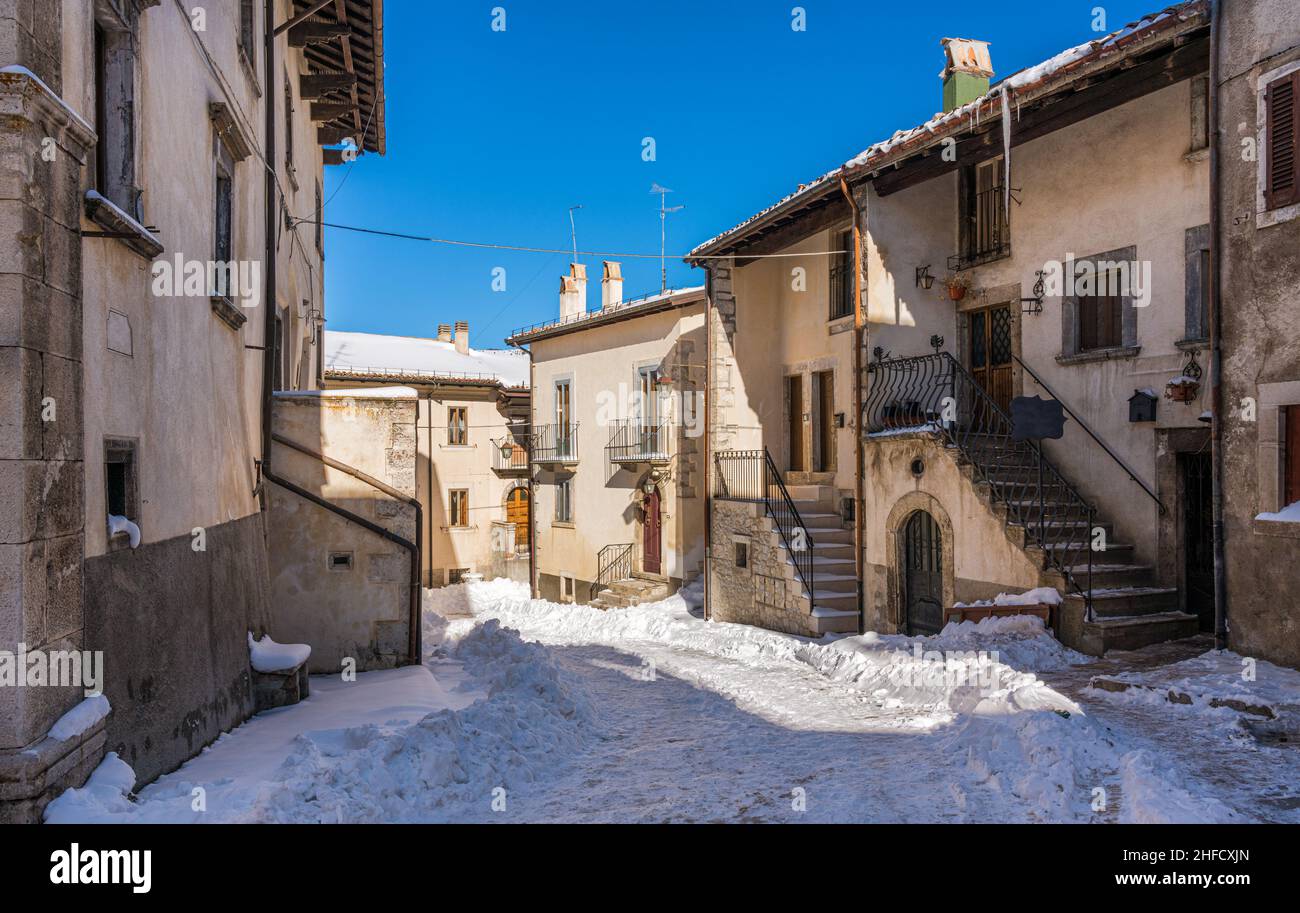 The beautiful village of Pescocostanzo covered in snow during winter ...