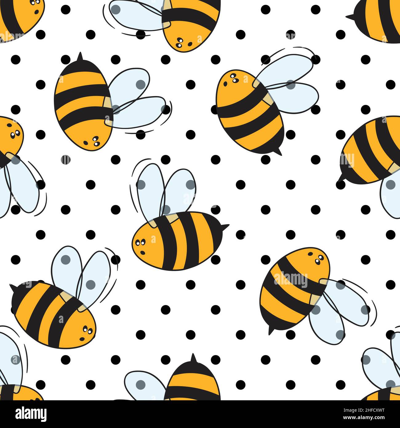 Seamless pattern with bees on white polka dots background. Small wasp ...