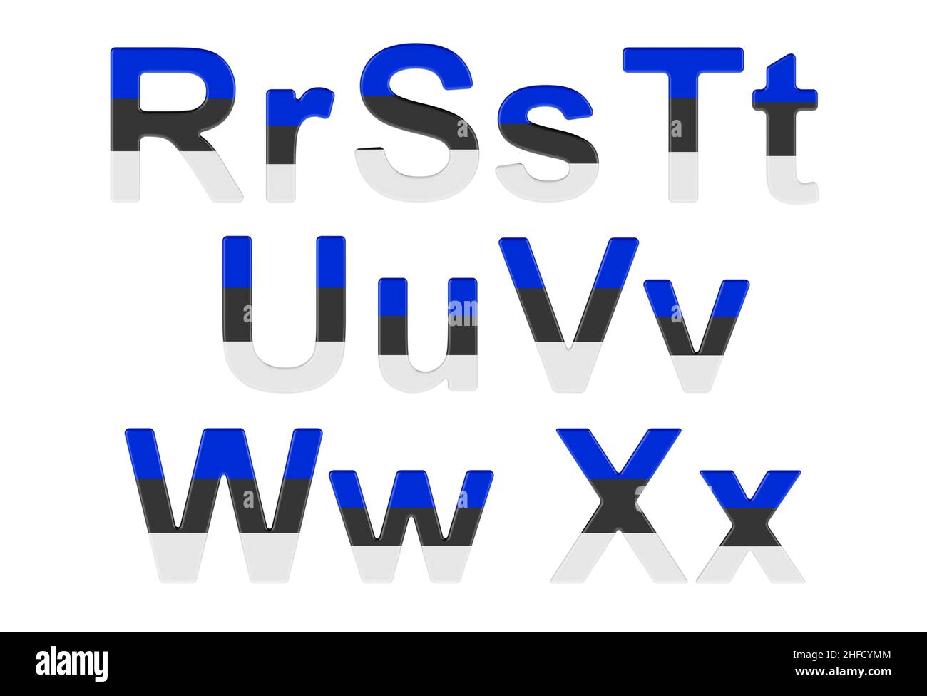 Letters with Estonian flag. R, S, T, U, V, W, X uppercase and lowercase ...