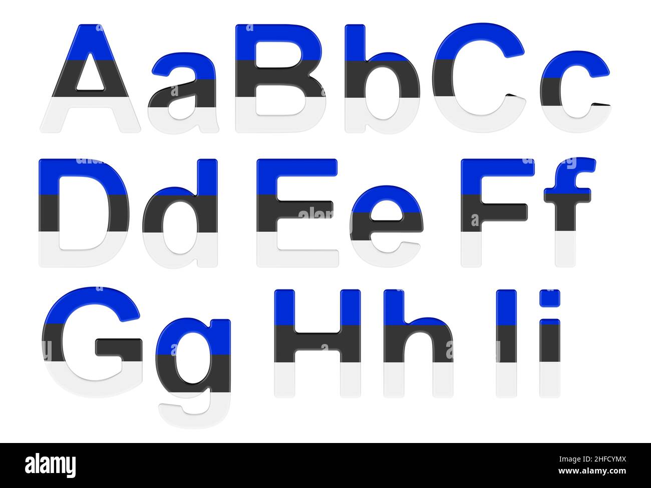 Letters with Estonian flag. A, B, C, D, E, F, G, H, I uppercase and ...