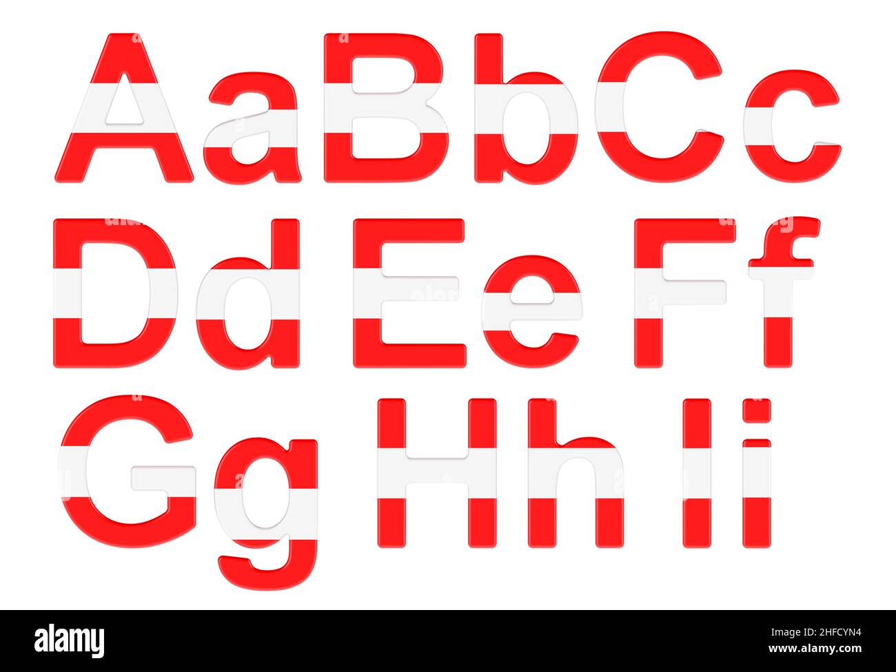 Letters with Austrian flag. A, B, C, D, E, F, G, H, I uppercase and ...