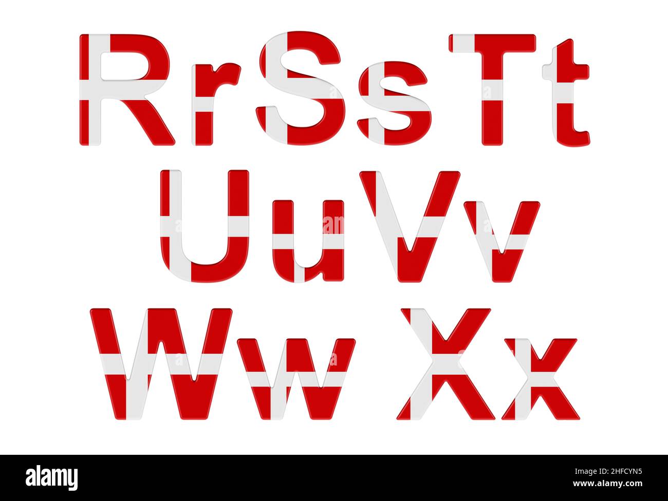 Letters with Danish flag. R, S, T, U, V, W, X uppercase and lowercase ...