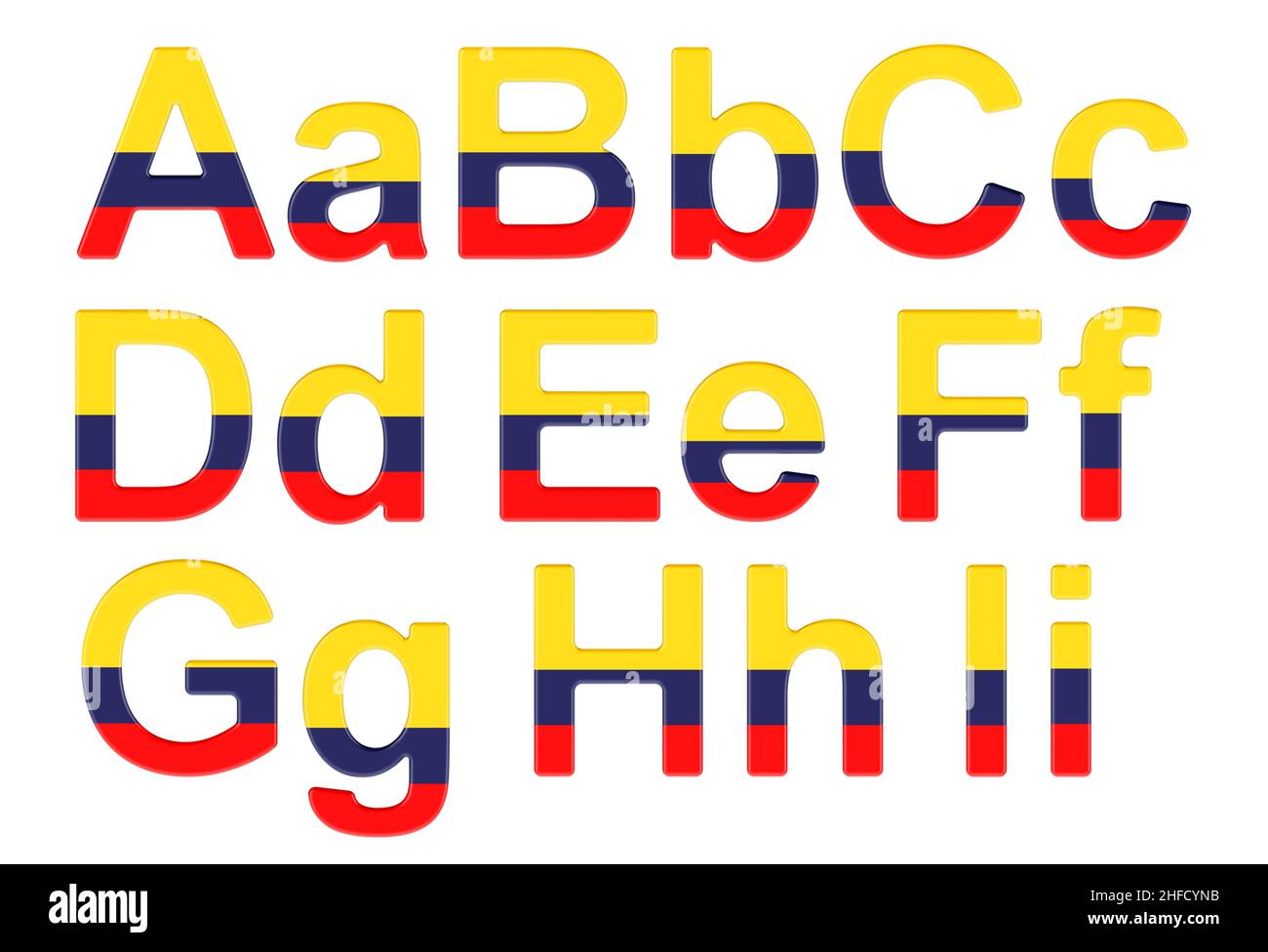 Letters with Colombian flag. A, B, C, D, E, F, G, H, I uppercase and ...