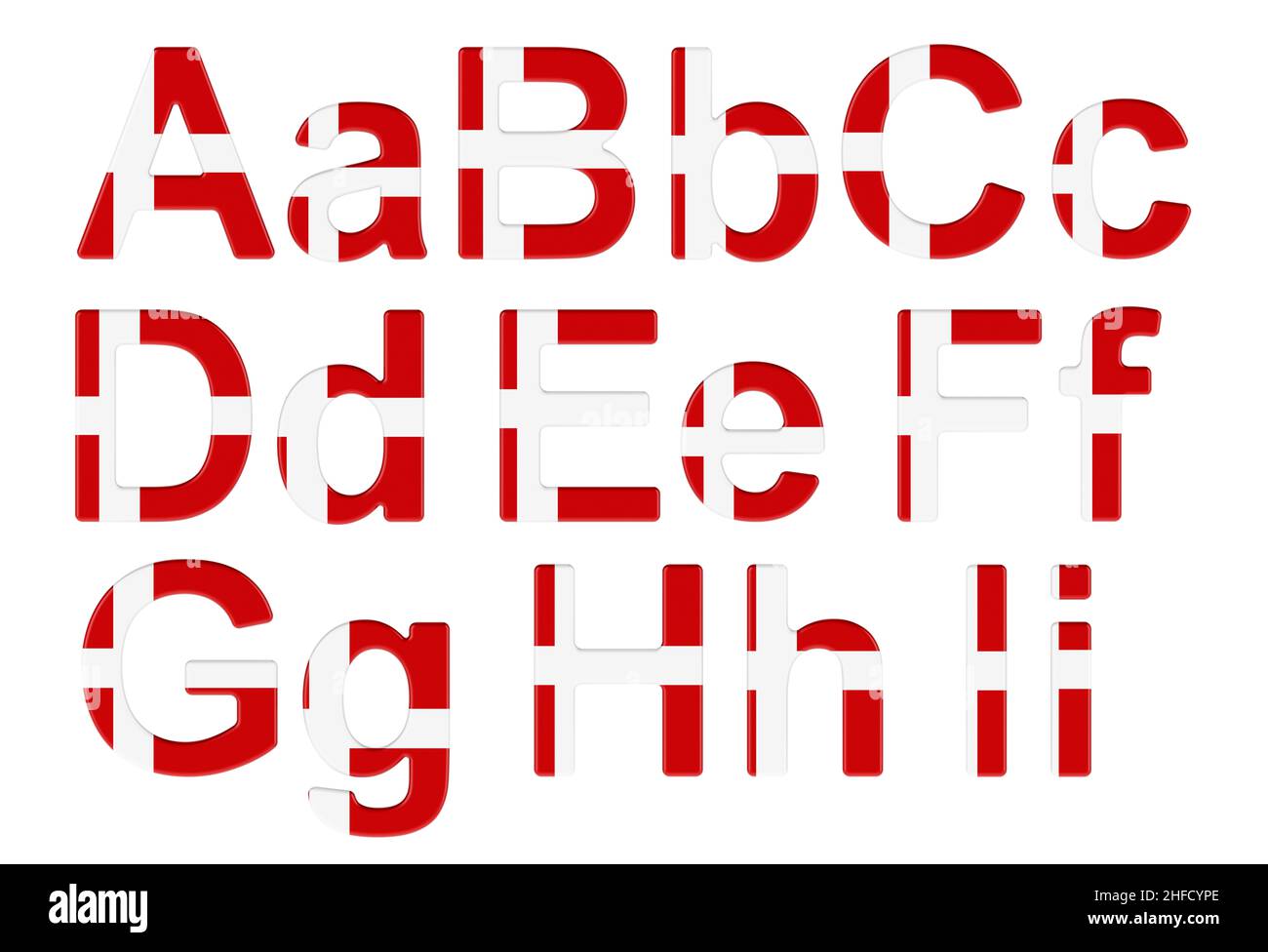 Letters with Danish flag. A, B, C, D, E, F, G, H, I uppercase and ...