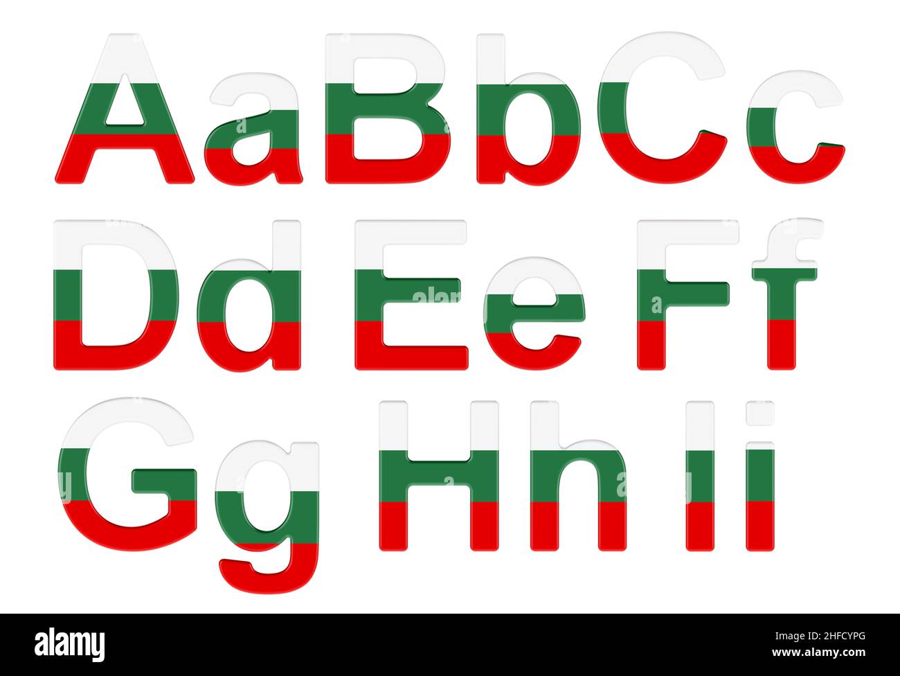 Letters with Bulgarian flag. A, B, C, D, E, F, G, H, I uppercase and ...