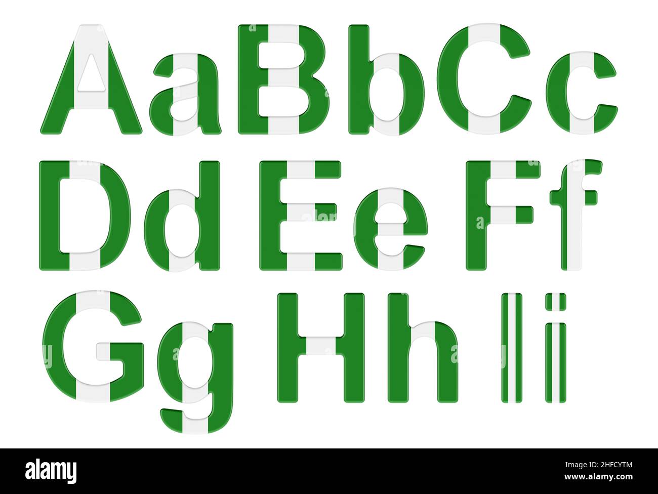 Letters with Nigerian flag. A, B, C, D, E, F, G, H, I uppercase and ...