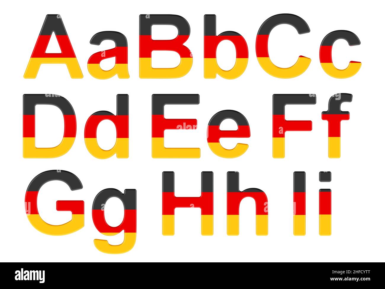 Letters with German flag. A, B, C, D, E, F, G, H, I uppercase and ...