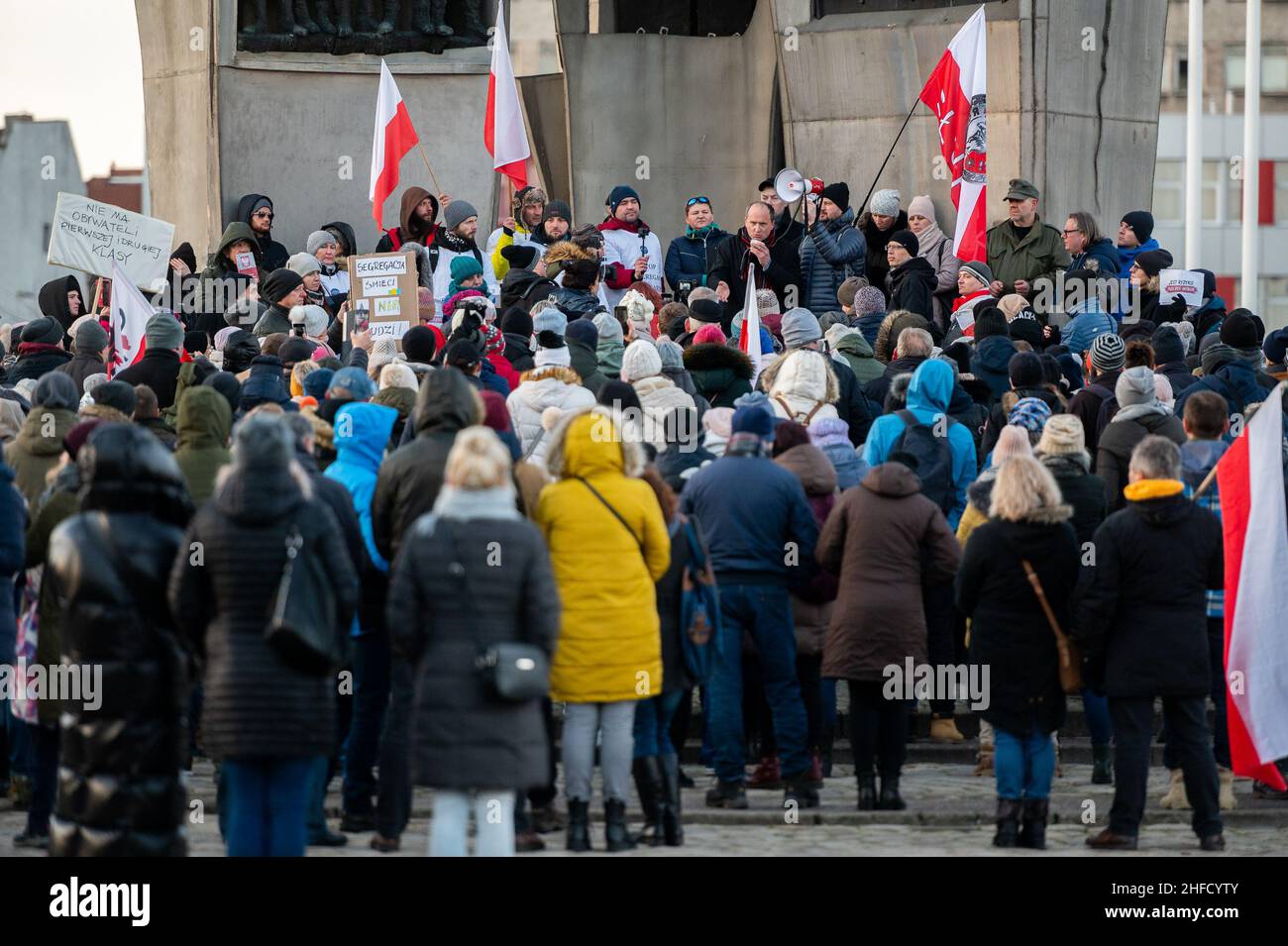 Protesters gathered under the iconic Monument of the Fallen Shipyard ...