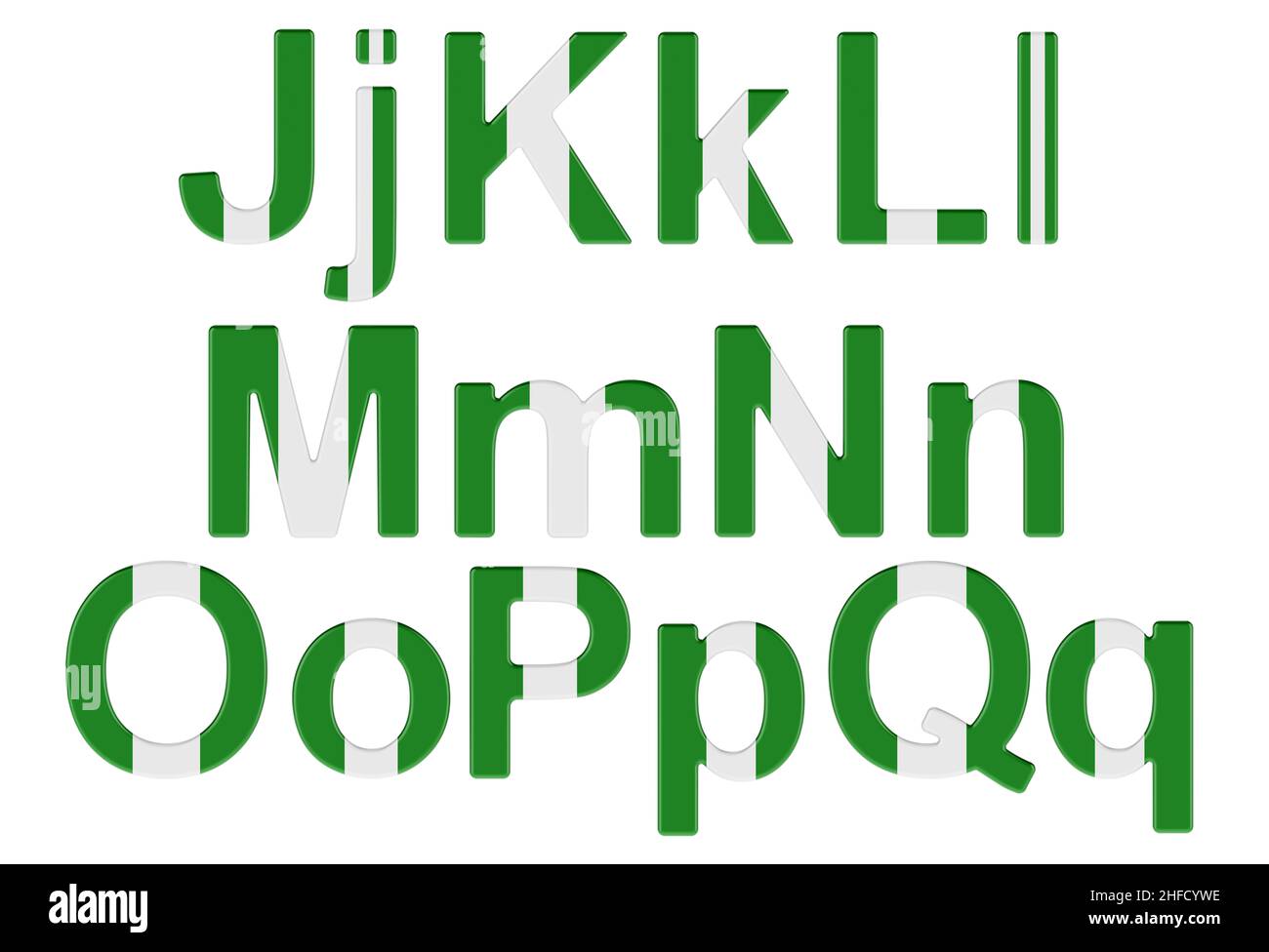 Letters with Nigerian flag. J, K, L, M, N, O, P uppercase and lowercase ...