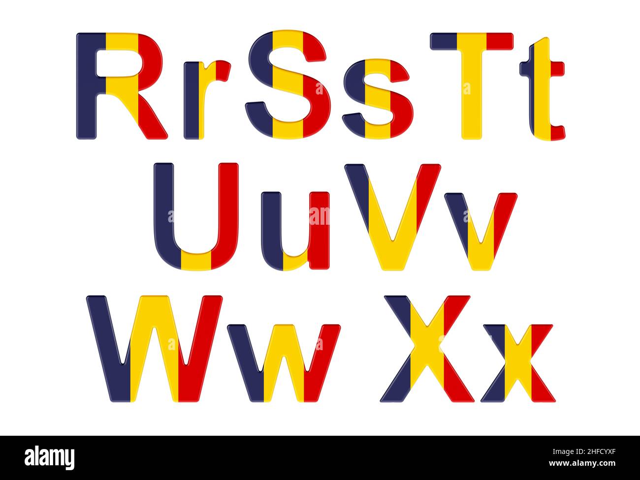 Letters with Romanian flag. R, S, T, U, V, W, X uppercase and lowercase ...
