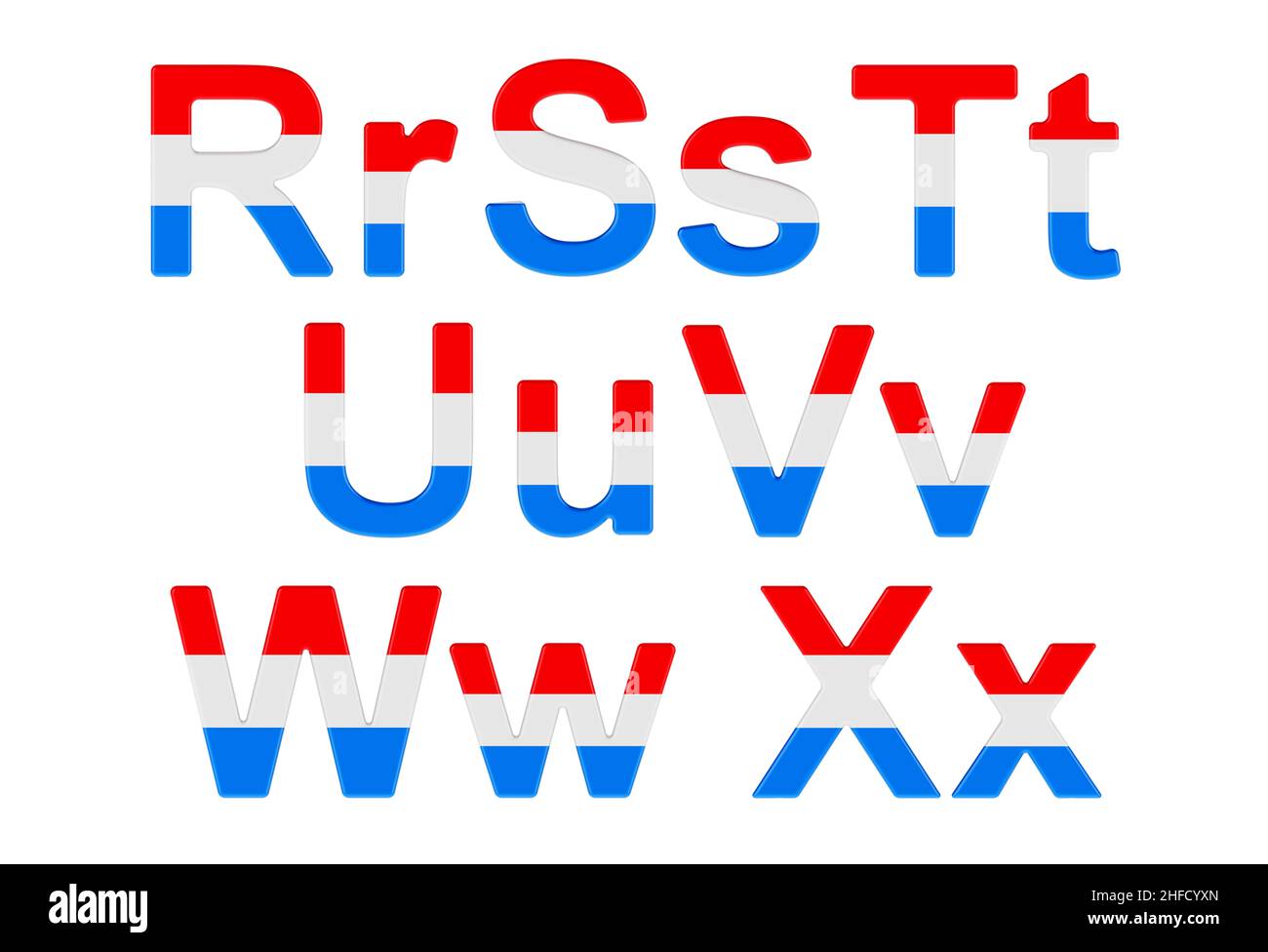 Letters with Luxembourgish flag. R, S, T, U, V, W, X uppercase and ...