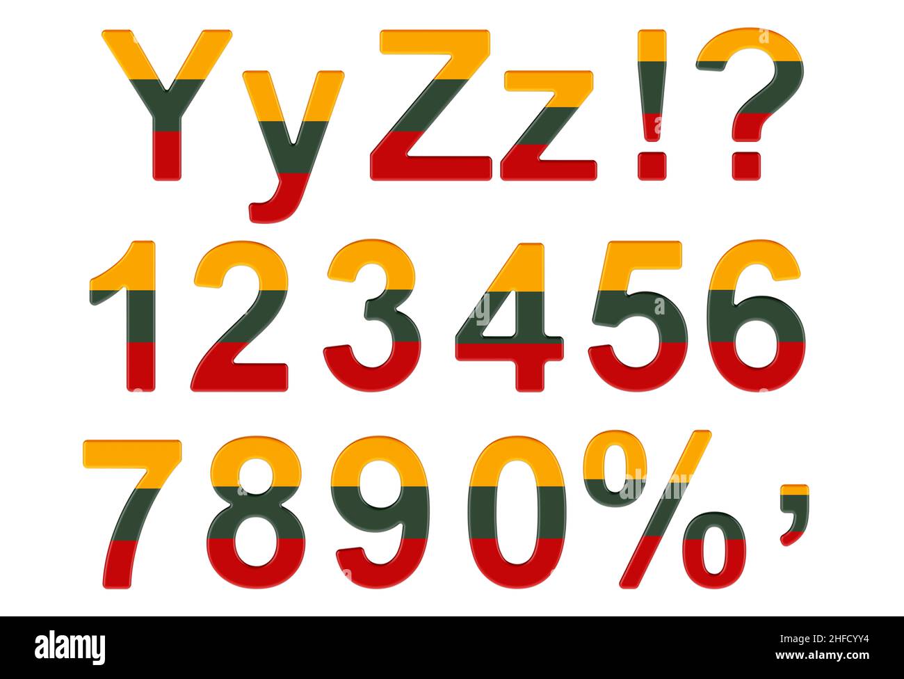 Letters, numbers and punctuation marks with Lithuanian flag. Y, Z, 1, 2 ...
