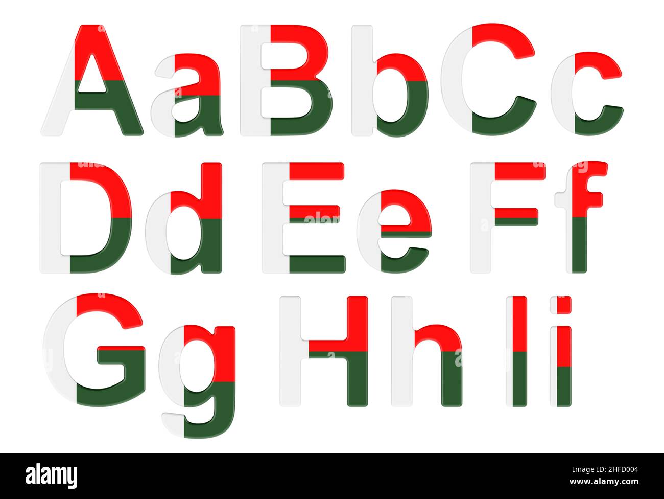 Letters with Madagascar flag. A, B, C, D, E, F, G, H, I uppercase and ...