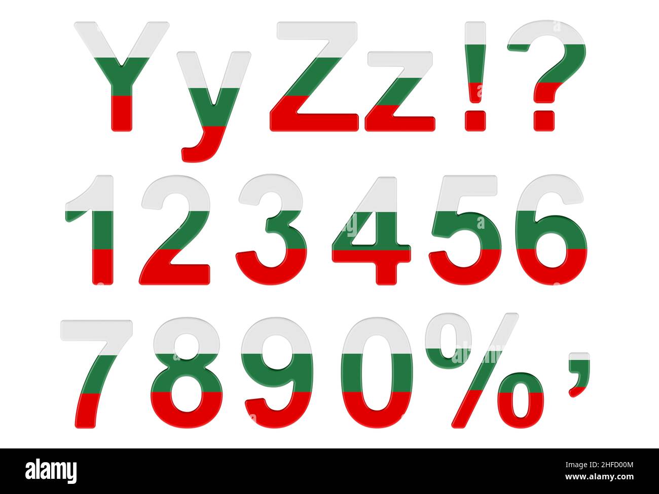 Letters, numbers and punctuation marks with Bulgarian flag. Y, Z, 1, 2 ...