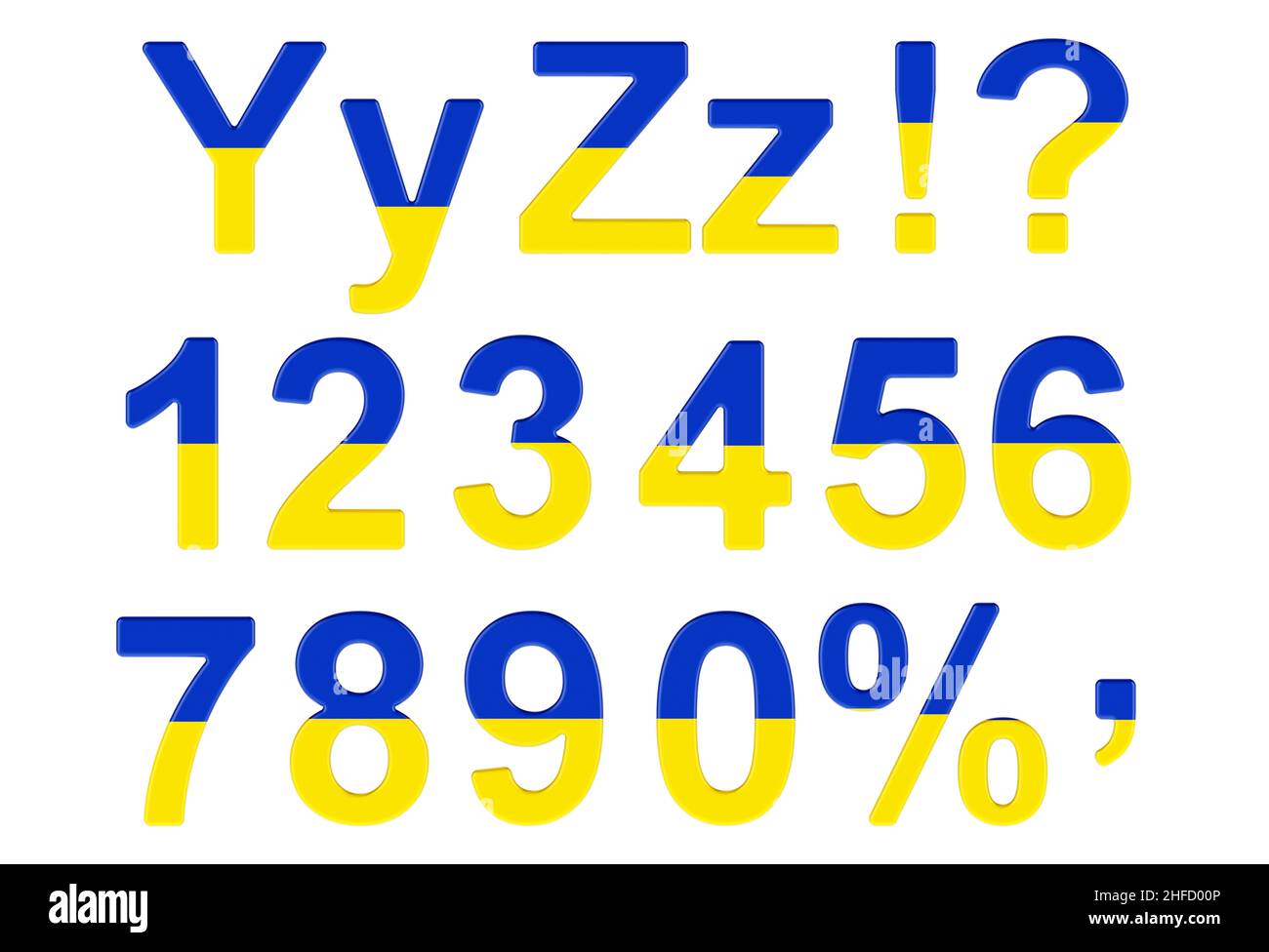 Letters, numbers and punctuation marks with Ukrainian flag. Y, Z, 1, 2 ...
